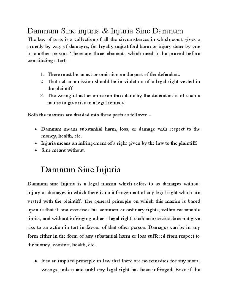 Damnum Sine Injuria & Injuria Sine Damnum | PDF | Damages | Legal Remedy