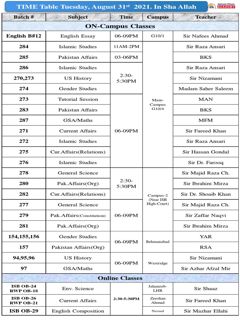 ON-Campus Classes: Batch # Subject Time Campus Teacher | PDF