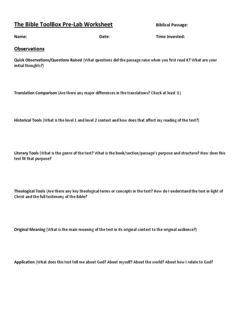 The Bible Toolbox Pre-Lab Worksheet: Observations | PDF
