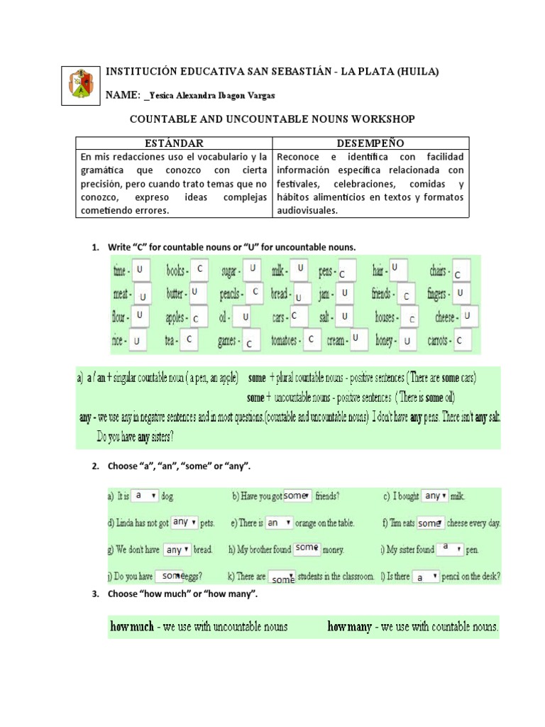 Taller Con Ejercicios de Sustantivos Contables e Incontables | PDF