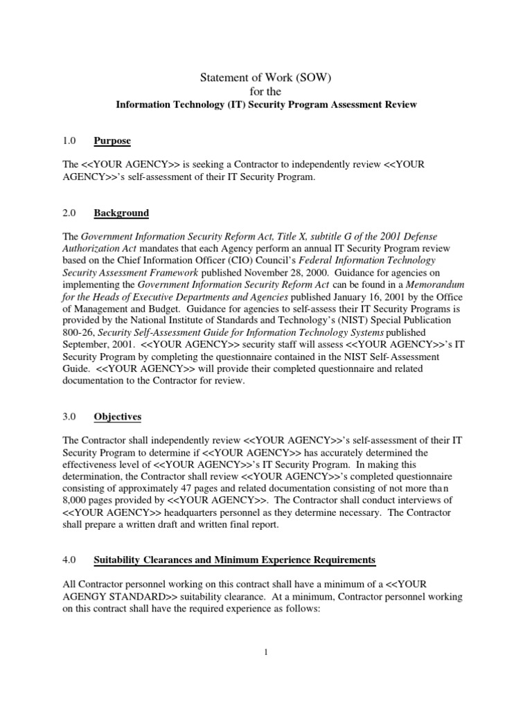 Statement of Work (SOW) For The: Information Technology (IT) Security ...