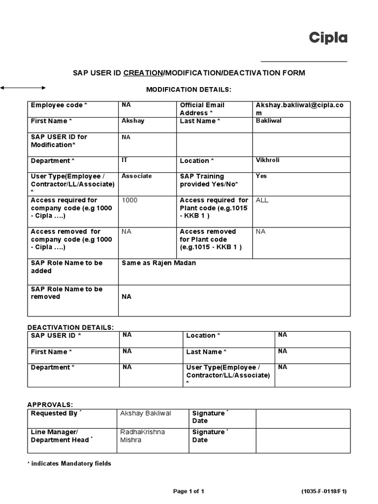Sap User Id Creation/Modification/Deactivation Form: NA Akshay Bakliwal ...