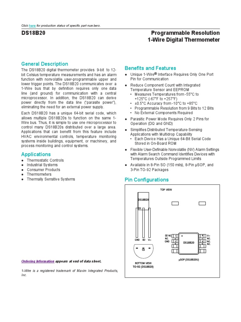 DS18B20 Programmable Resolution 1-Wire Digital Thermometer: General ...