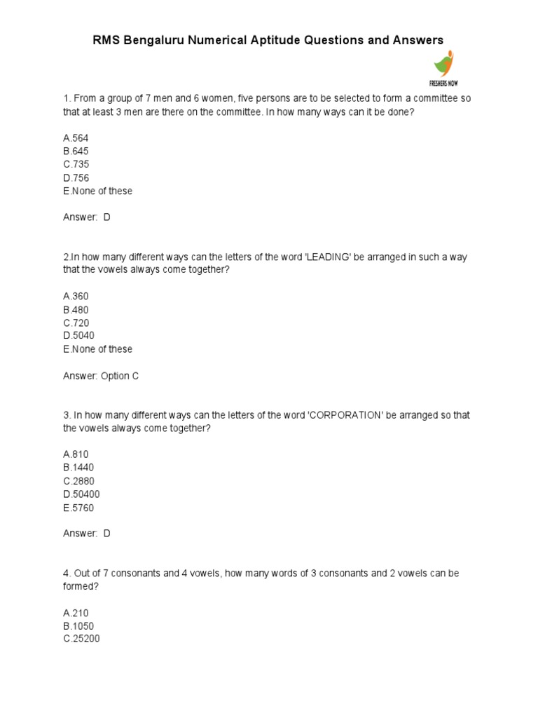 RMS Bengaluru Numerical Aptitude Questions and Answers | PDF | Speed ...