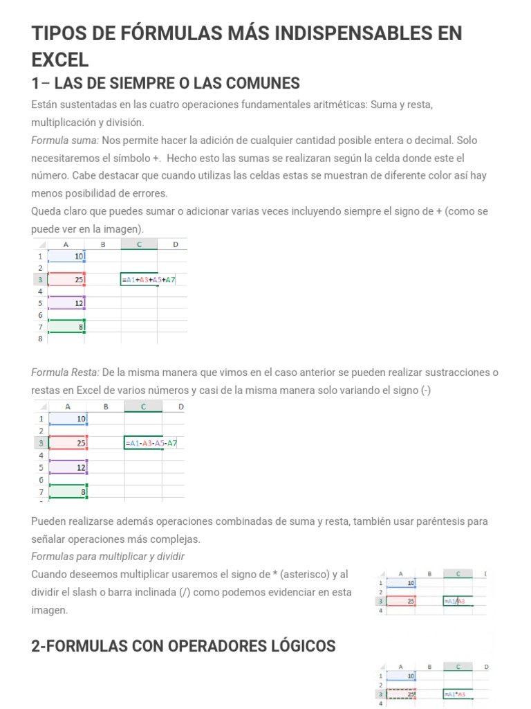 Tipos de Fórmulas Más Indispensables en Excel | PDF | Multiplicación ...
