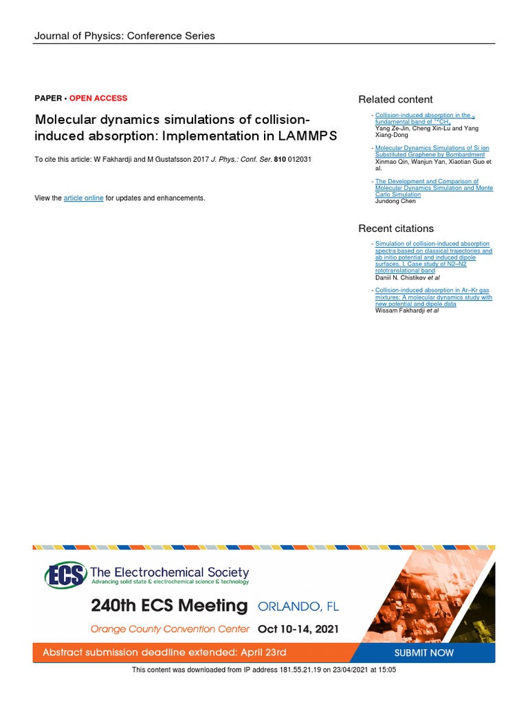 Molecular Dynamics Simulations Of Collision Induced Absorption Implementation In Lammps Pdf