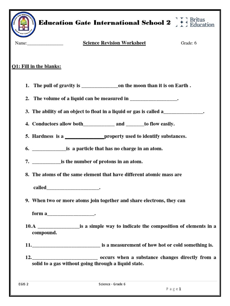 Grade 6 Science Revision Worksheet | PDF | Chemical Elements | Atoms