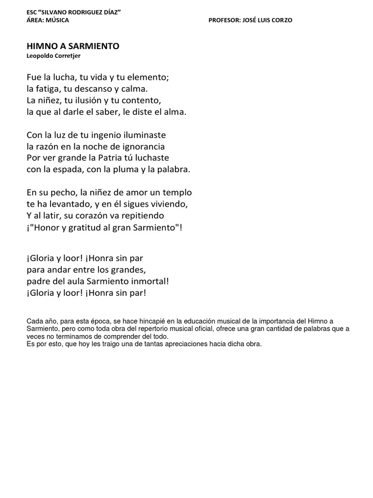 Himno A Sarmiento Letra : Letra de Himno a Sarmiento de Himnos y ...