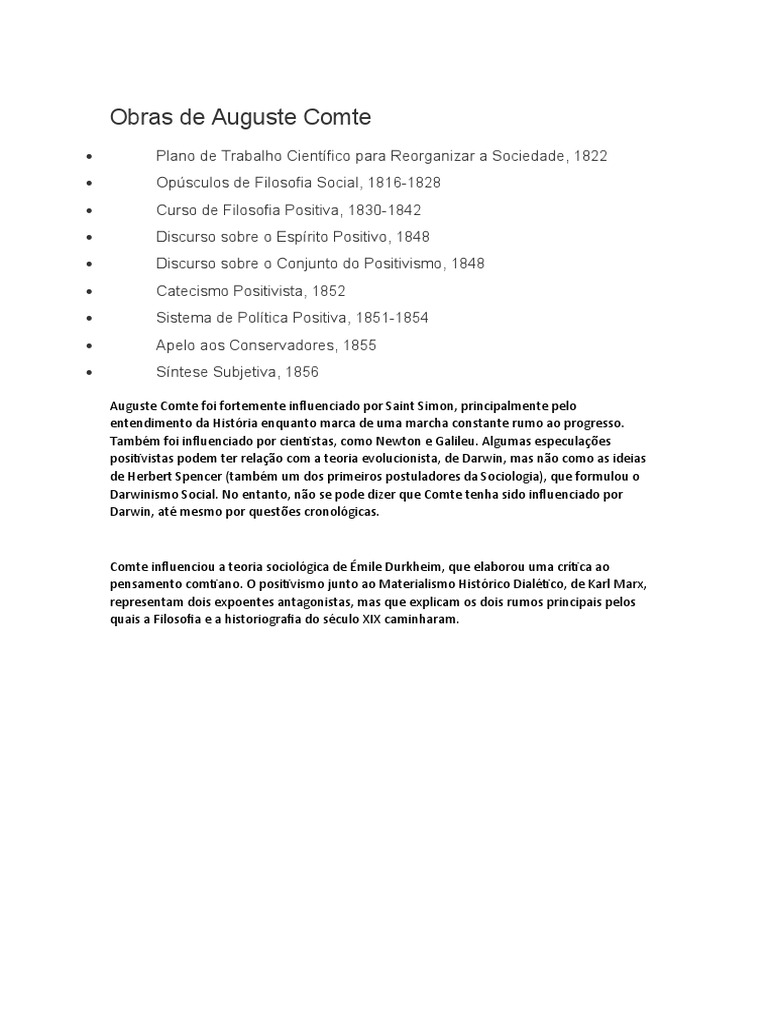 Obras e Influencias de Auguste Comte | PDF