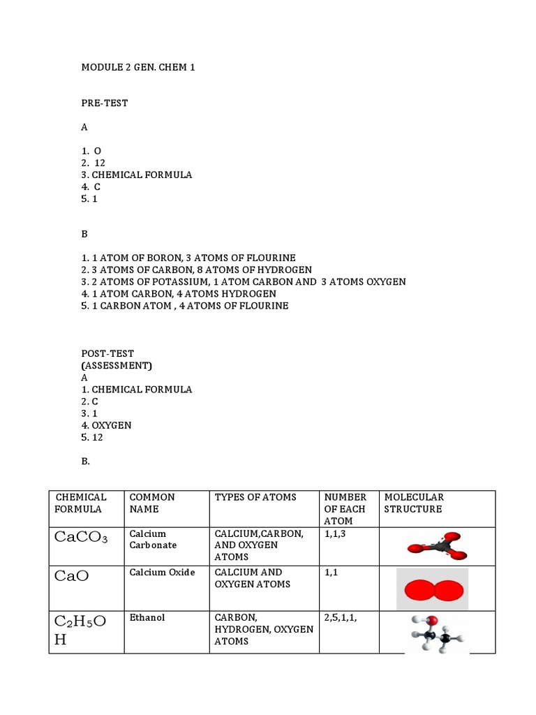 Answer Key Genchem1 Q1 W1 Chemical Formula of Common Substancesh | PDF