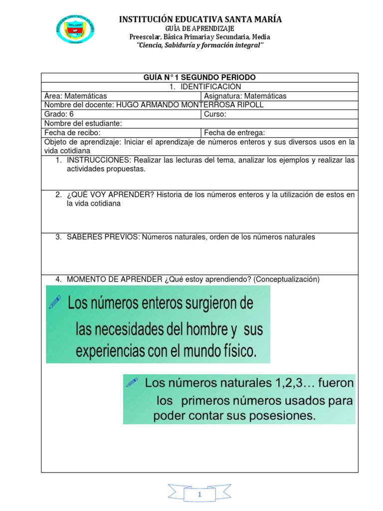 Guia 1 Actividades de Introducción A Los Numeros Enteros | PDF ...