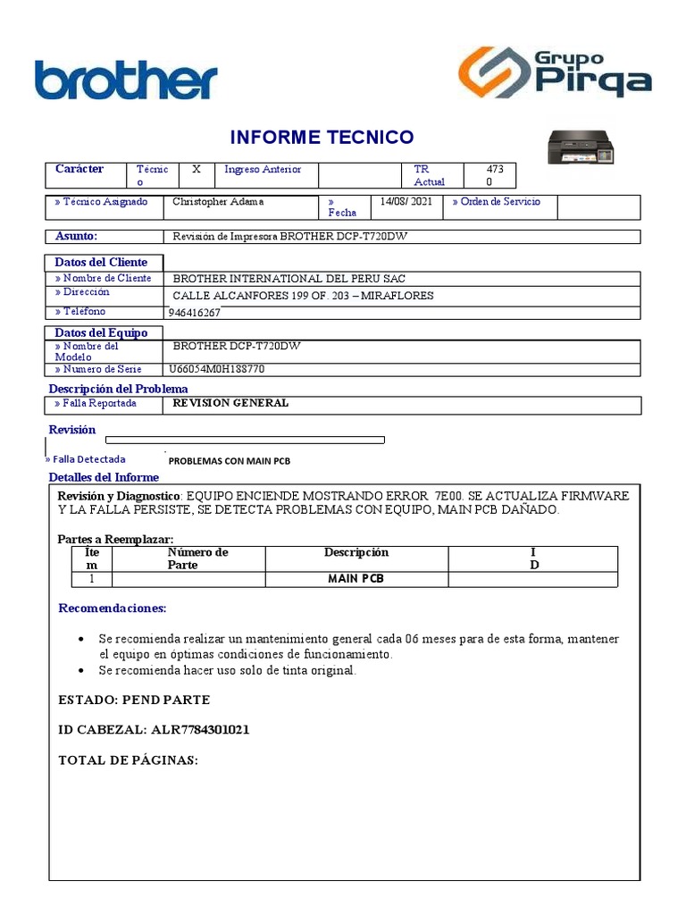 Error 7E00 en Impresora Brother DCP-T720DW | PDF