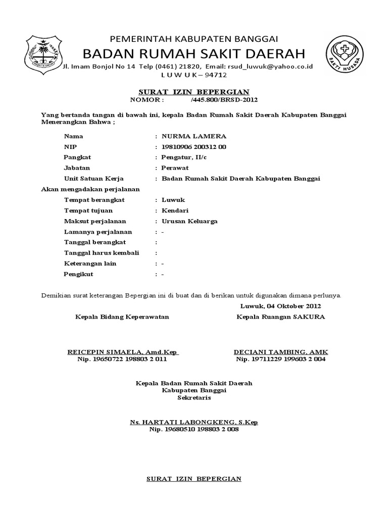 Surat Izin Bepergian Keluarga RSUD Banggai | PDF