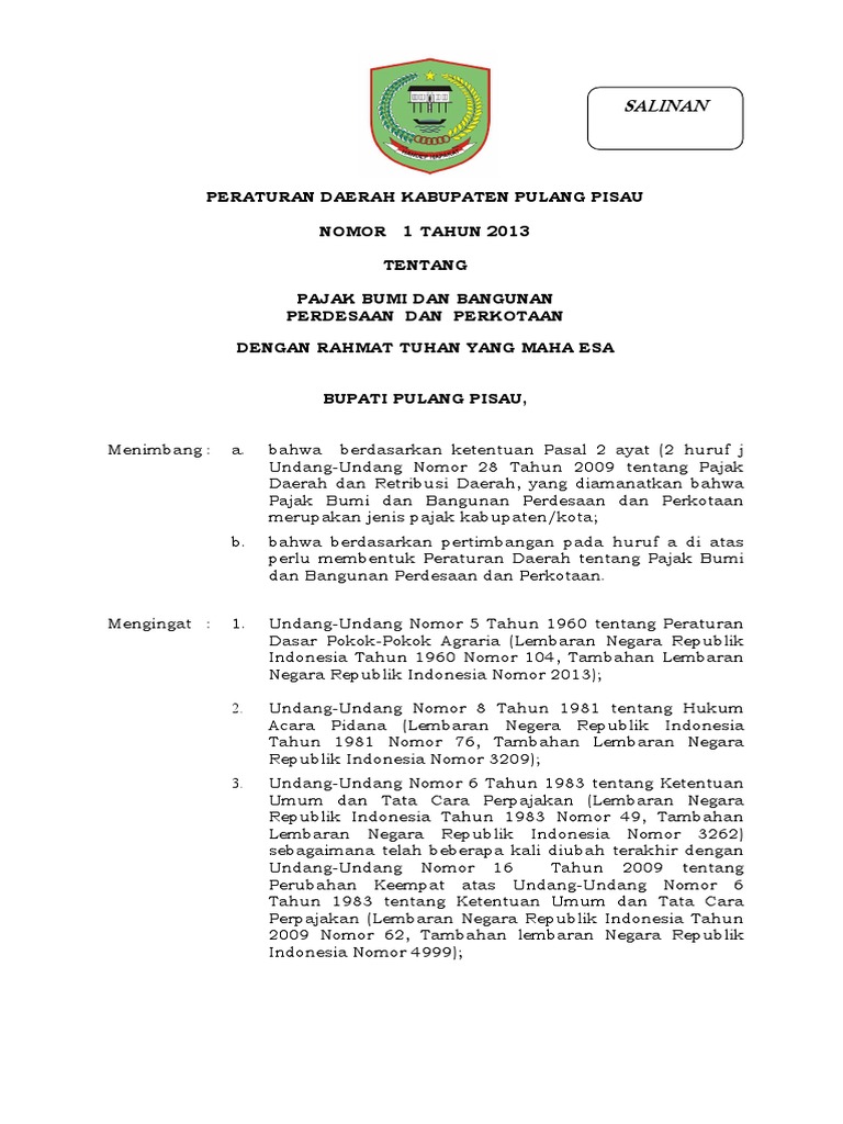 Perda No.1Th.2013 TTG Pajak Bumi Dan Bangunan Perdesaan Dan Perkotaan | PDF