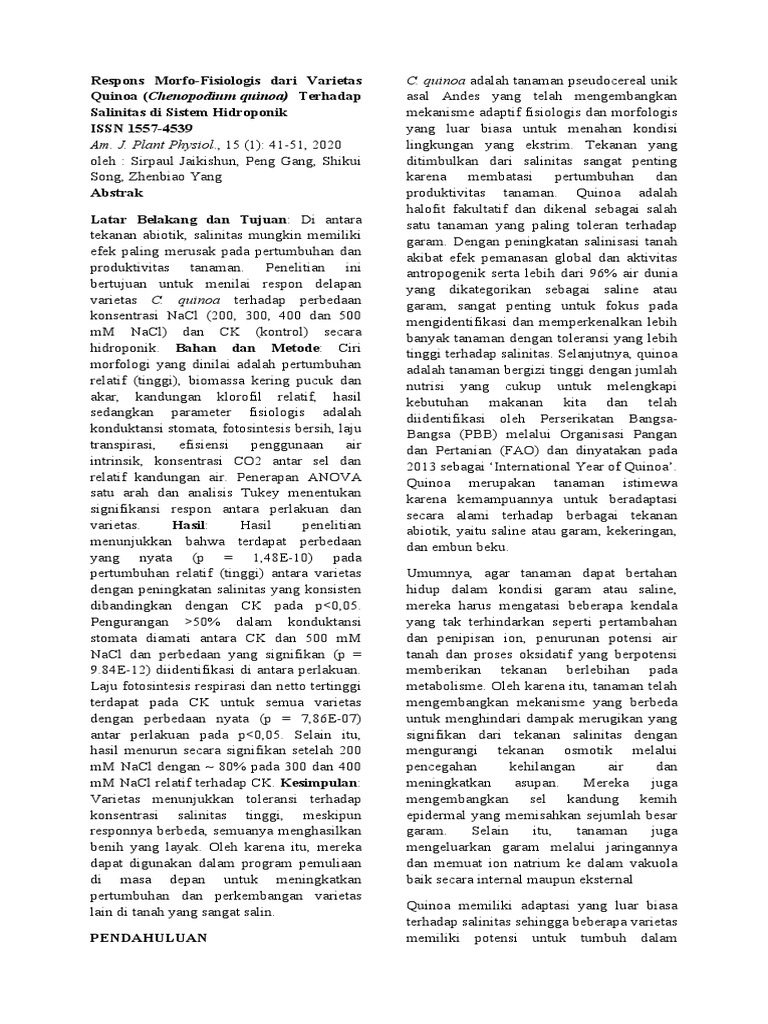 Respons Morfo-Fisiologis Dari Varietas Quinoa (Chenopodium Quinoa) Terhadap Salinitas Di Sistem ...