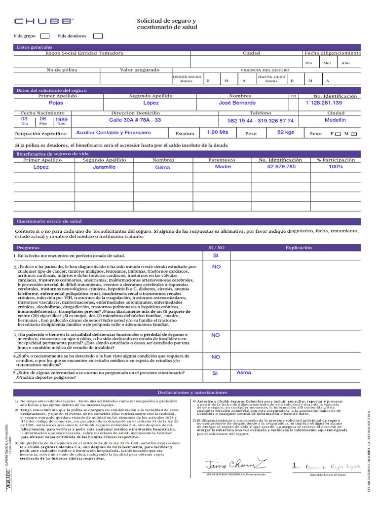 Declaracion Asegurabilidad Chubb | PDF | Póliza de seguros | Seguro