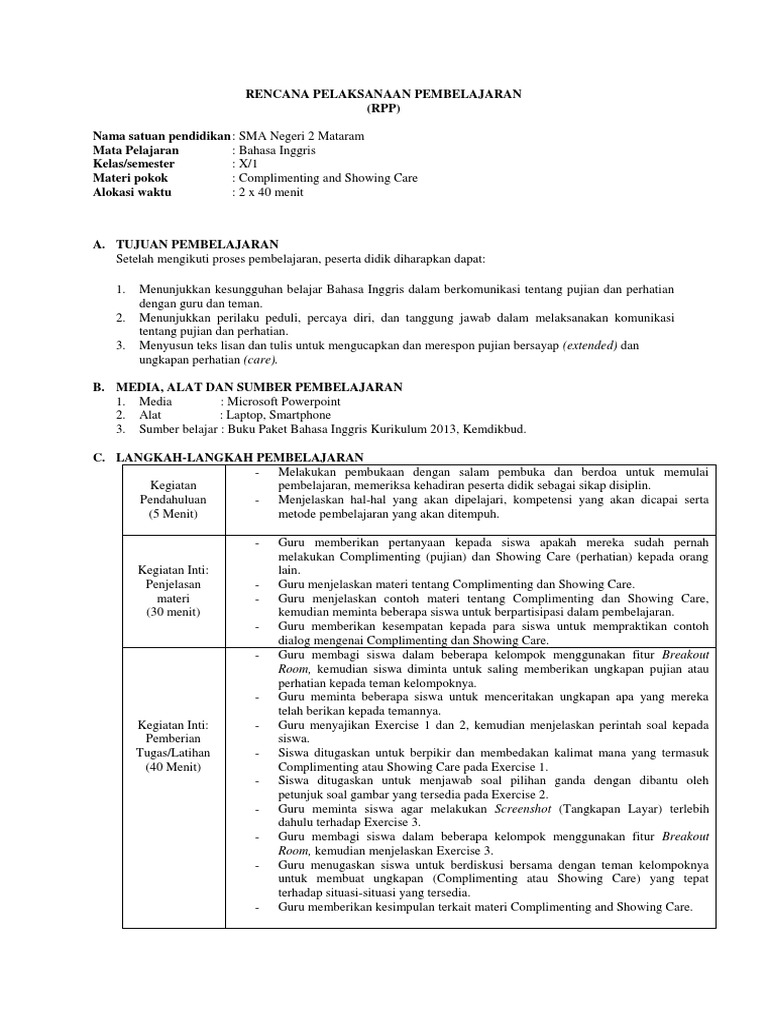 RPP MICRO TEACHING - Complimenting and Showing Care | PDF | Karier ...
