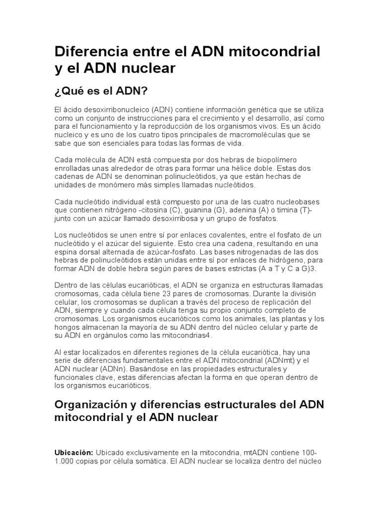 Diferencia Entre El ADN Mitocondrial y El ADN Nuclear | PDF | Adn | Adn ...