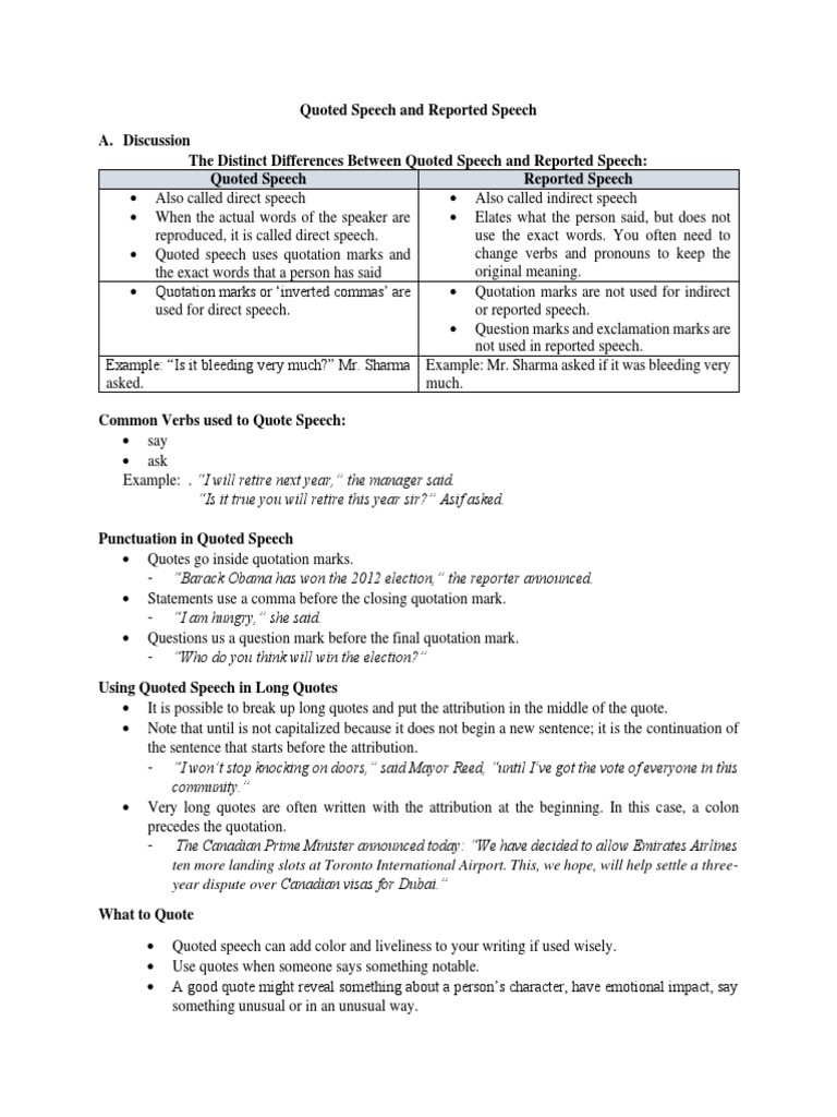 Quoted and Reported Speech | Download Free PDF | Question | English ...