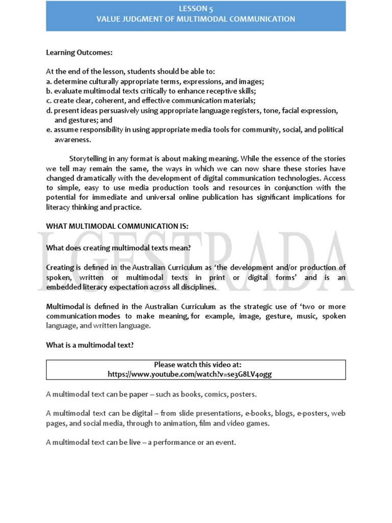 Lesson 5 Multimodal Communication 2 | PDF | Storytelling | Communication