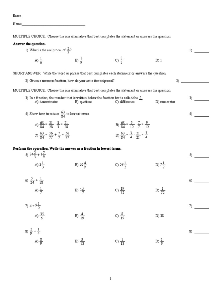 Exam Review: Fractions, Expressions, and Equations | PDF | Question ...