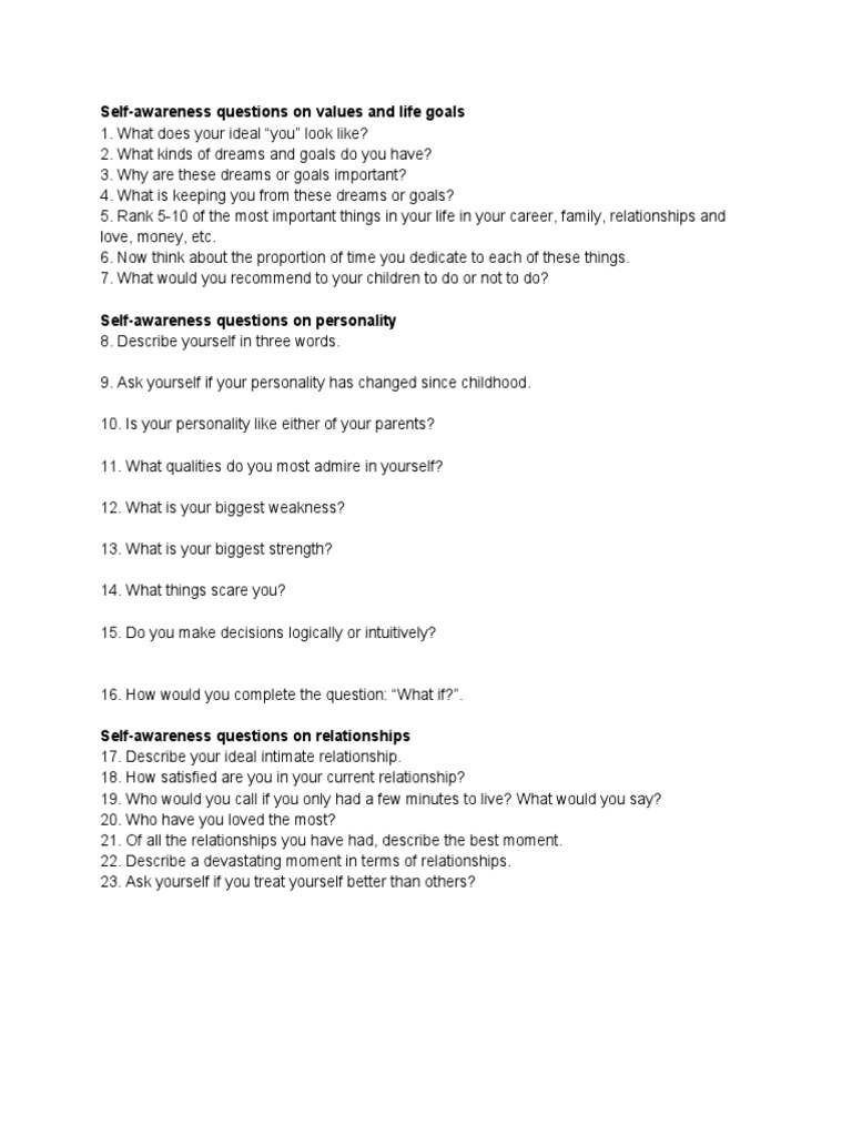 Self-Awareness Questions On Values and Life Goals | PDF
