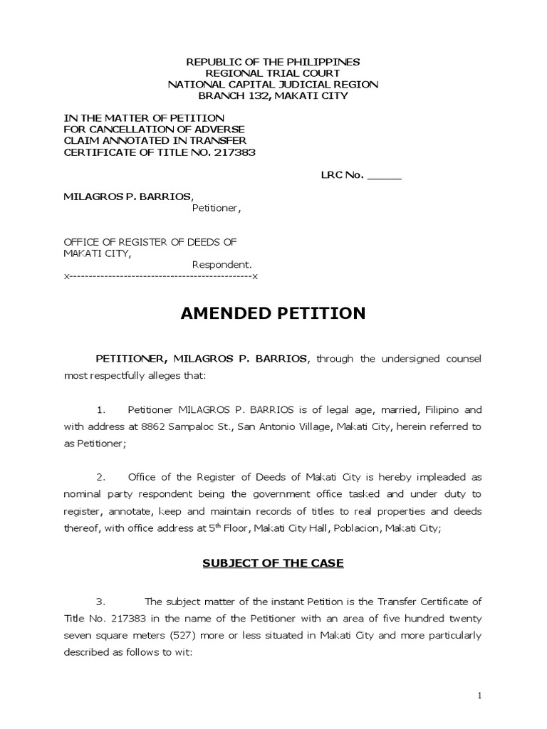 Amended Petition For Cancellation of Adverse Claim Annotated in TCT ...