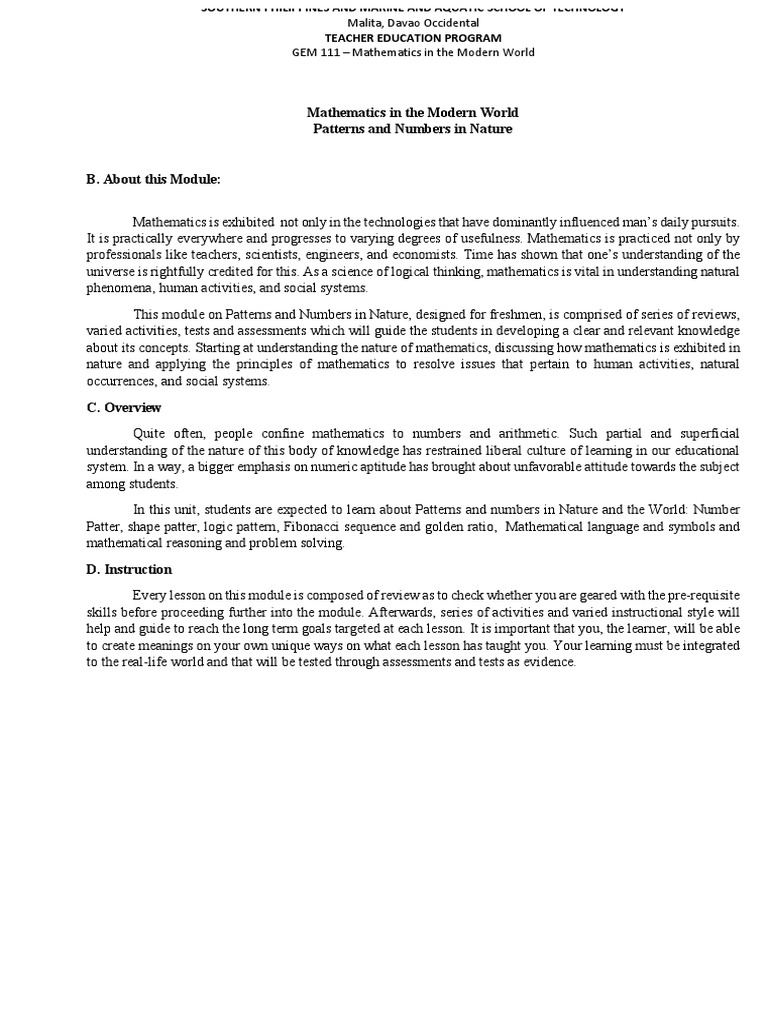 Mathematics in The Modern World Patterns and Numbers in Nature | PDF ...