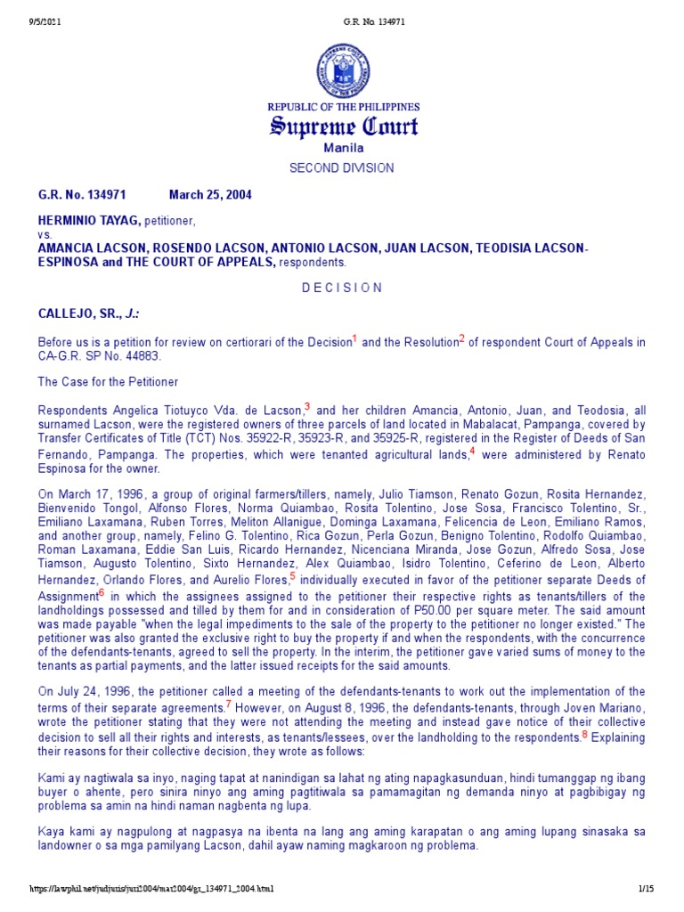 Tayag v. Lacson, G.R. No. 134971 | PDF | Assignment (Law) | Injunction