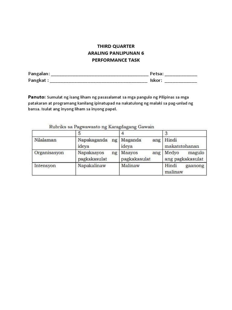 Ap Filipino THIRD QUARTER PERFORMANCE TASK | PDF