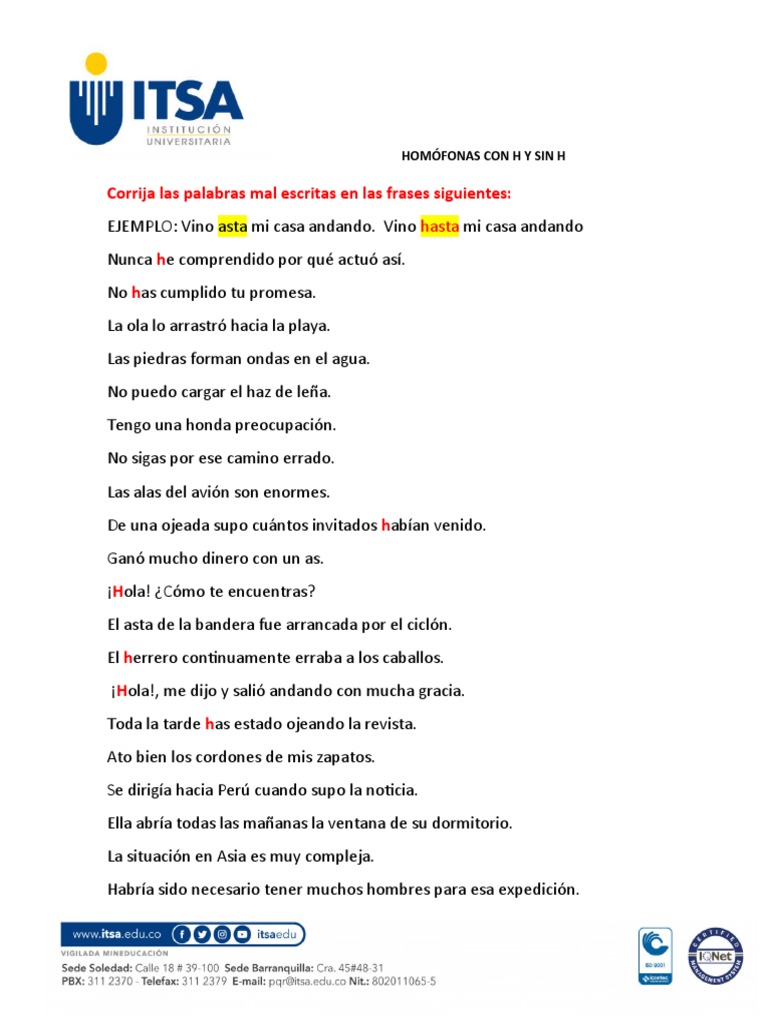 Ejercicios de Homófonos con H y Sin H | PDF | Lingüística