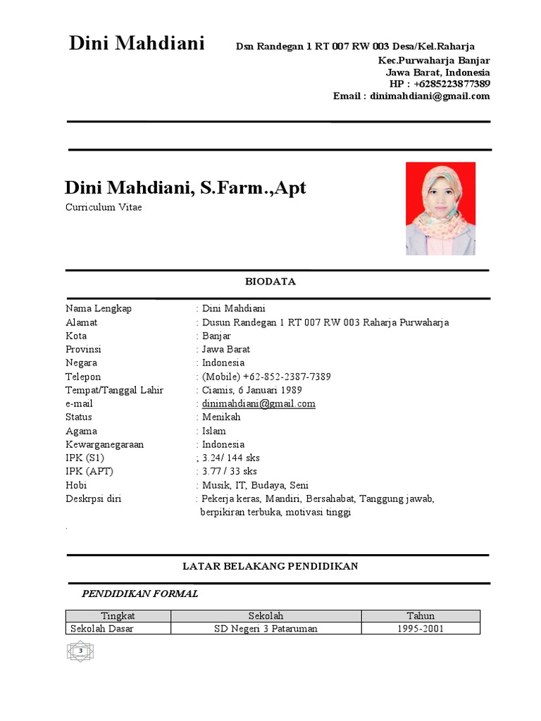 CV Dini Mahdiani: Apoteker Berpengalaman | PDF