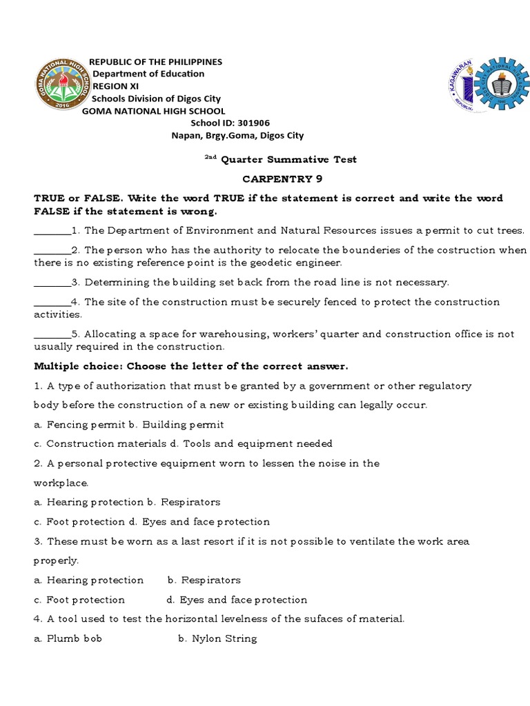 Carpentry 9 Summative Test | PDF | Wood | Lumber