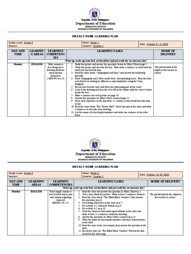 Grade 3 Weekly Home Learning Plan | PDF | Plural | Grammar
