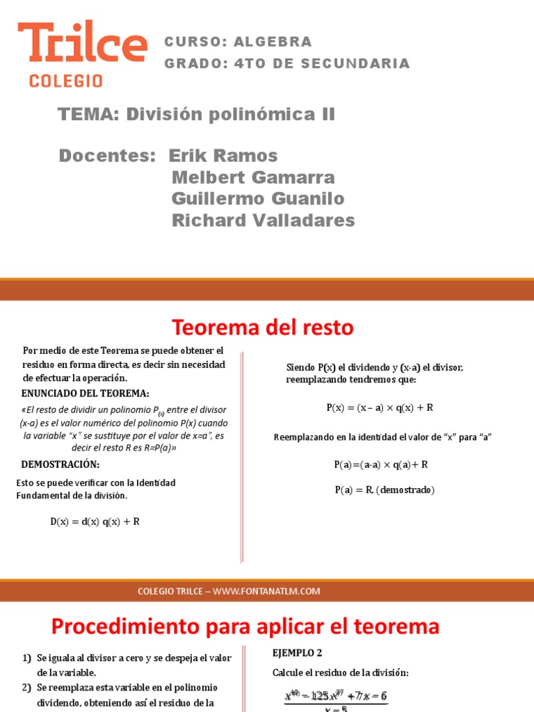 Teorema del Resto y Ejemplos | PDF | División (Matemáticas) | Álgebra