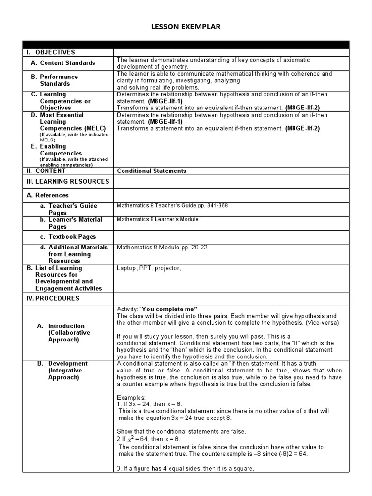 Genesis Limoico Lesson Exemplar | PDF | Learning | Mathematics