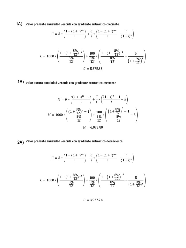 Formulario Gradiente Aritmético y Resolución de 2 Ejercicios | PDF Formulario Gradiente Aritmético y Resolución de 2 Ejercicios | PDF