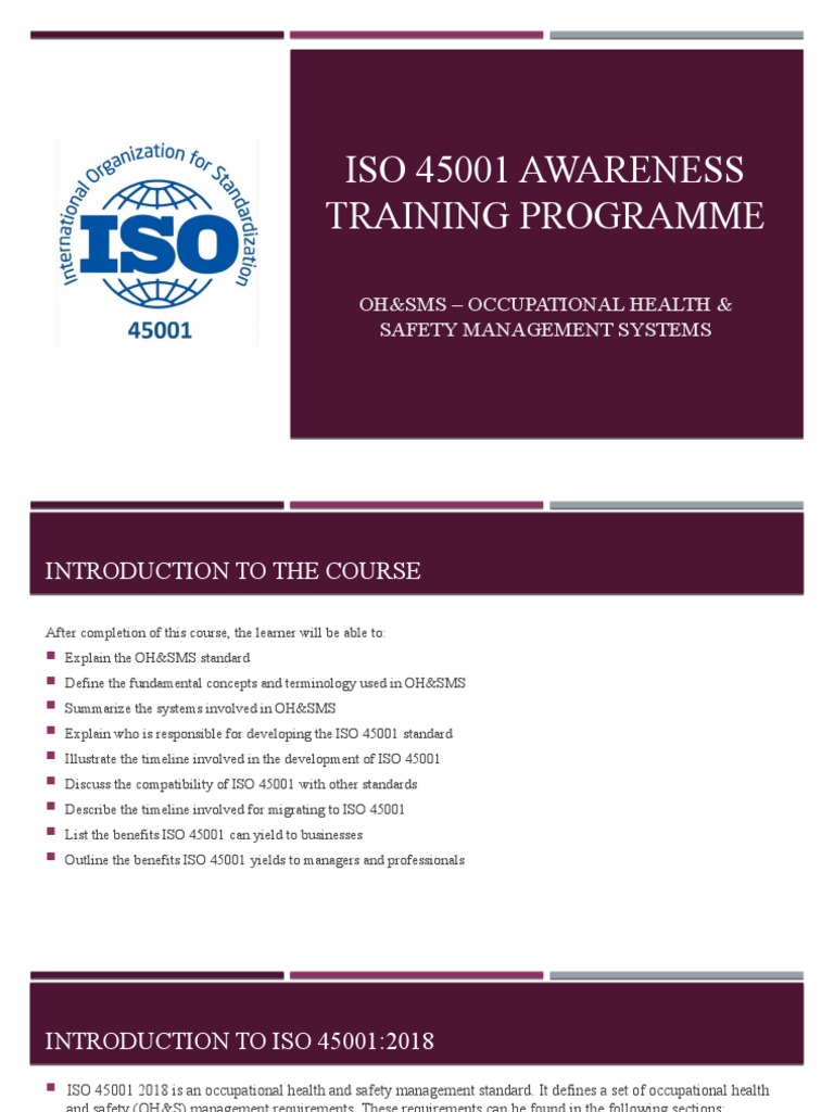 ISO 45001 Awareness Training Programme | PDF | Occupational Safety And ...