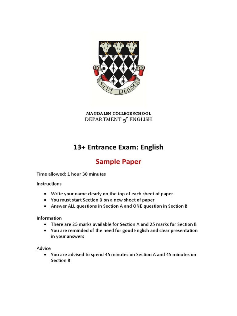13+ Entrance Exam: English: Sample Paper | PDF