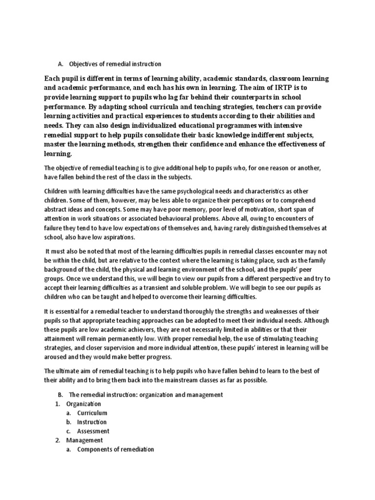 Objectives of Remedial Instruction | PDF | Learning | Curriculum