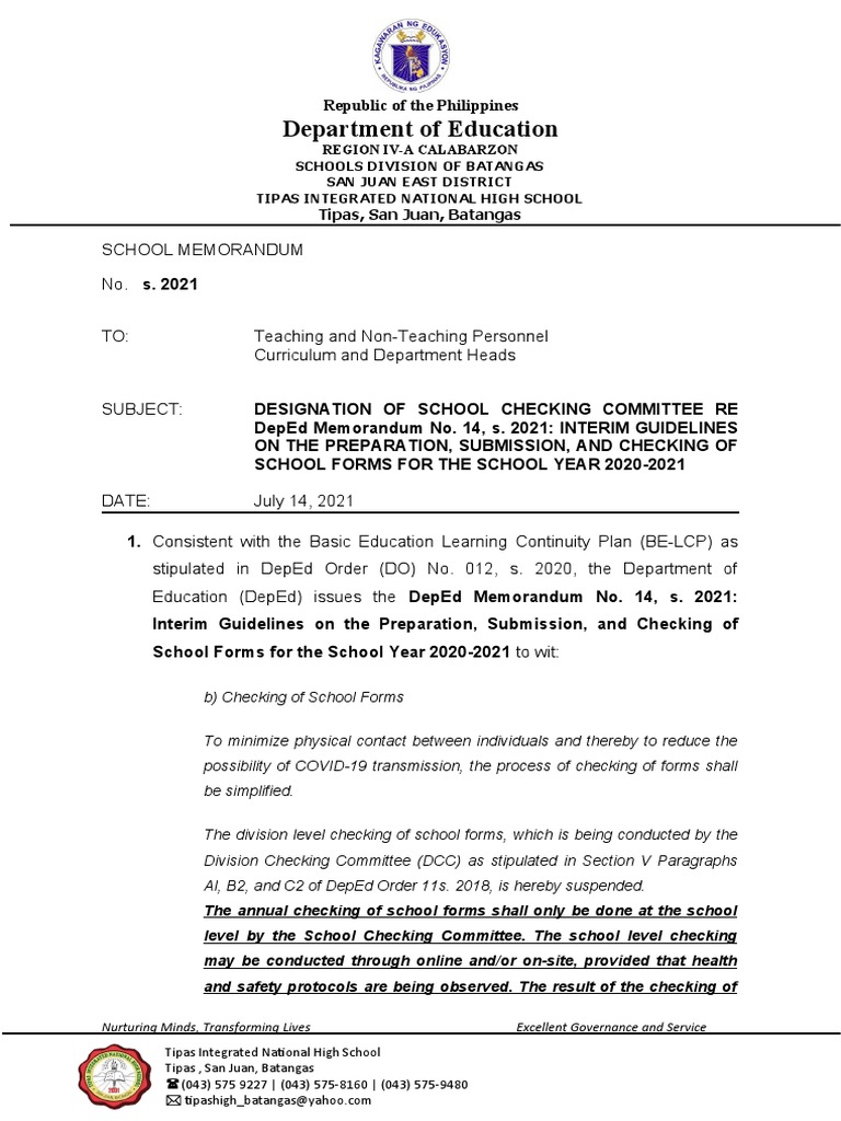 TIPAS-MEMO-Interim Guidelines in Checking School Forms 2021 | PDF ...