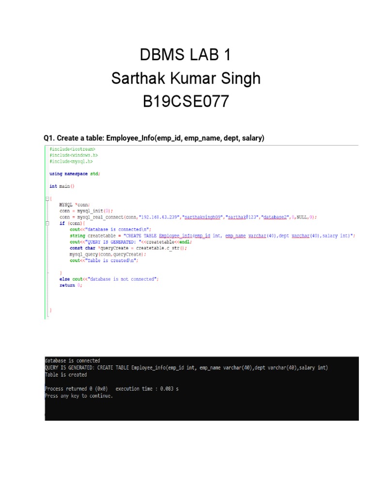 Dbms Lab 1 Sarthak Kumar Singh B19CSE077: Q1. Create A Table: Employee - Info (Emp - Id, Emp ...