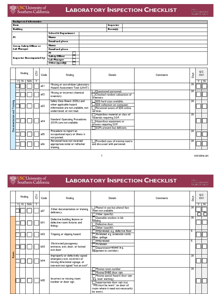 General Lab Inspection Checklist 2016 | PDF | Personal Protective ...