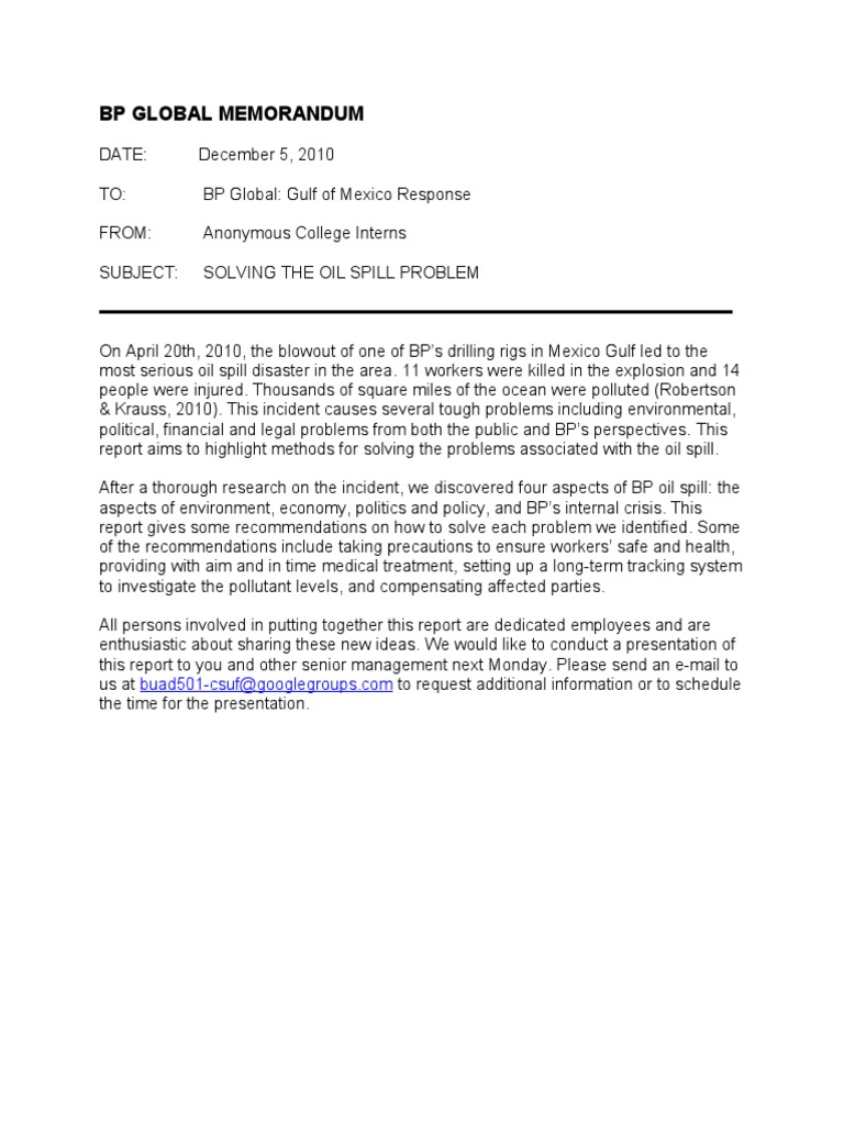 Memo and Executive Summary | PDF | Deepwater Horizon Oil Spill | Gulf ...