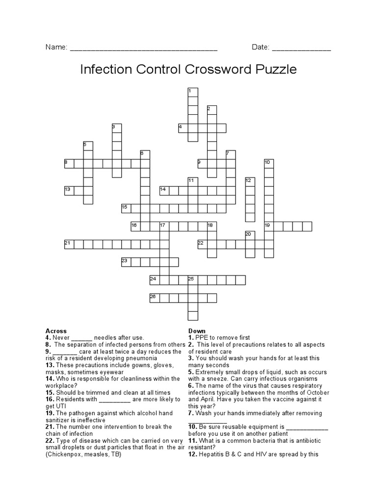 Infection Control Crossword Puzzle: Name: - Date | PDF | Infection ...