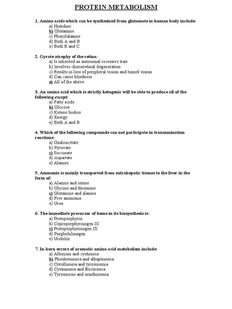 Protein Metabolism MCQs and Answers | PDF | Amino Acid | Alanine
