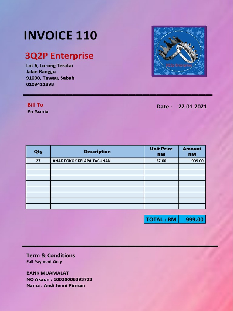 Invoice 110 - : 3Q2P Enterprise | PDF