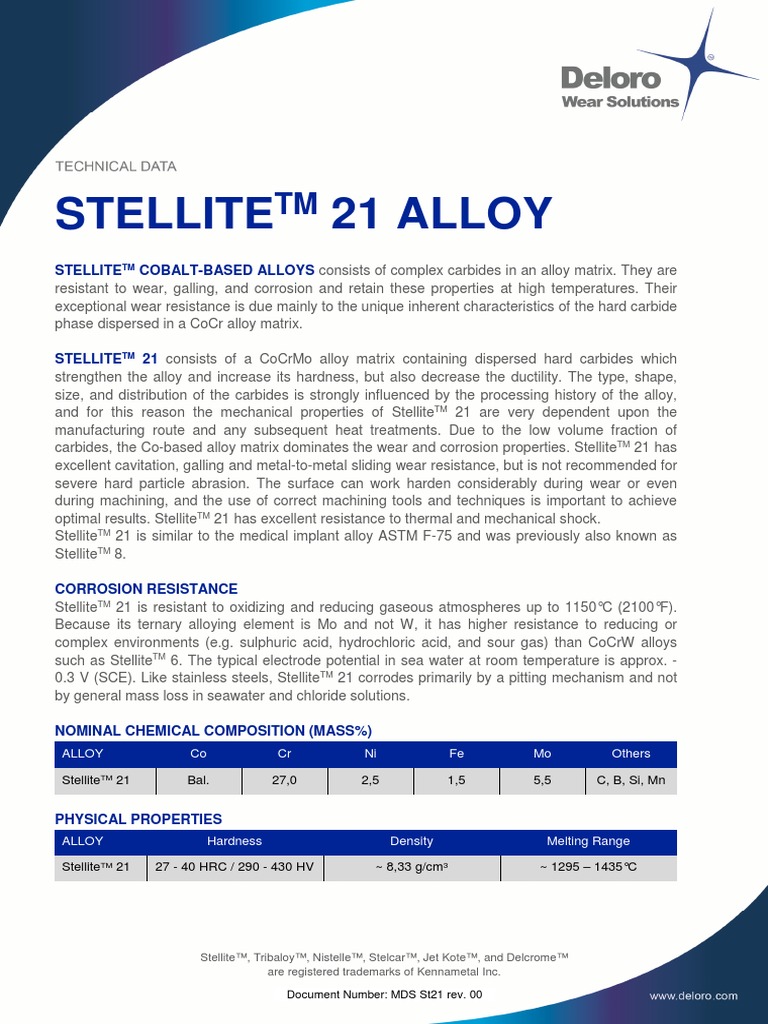 Stellite 21 Alloy: Stellite Cobalt-Based Alloys | PDF | Wear | Alloy