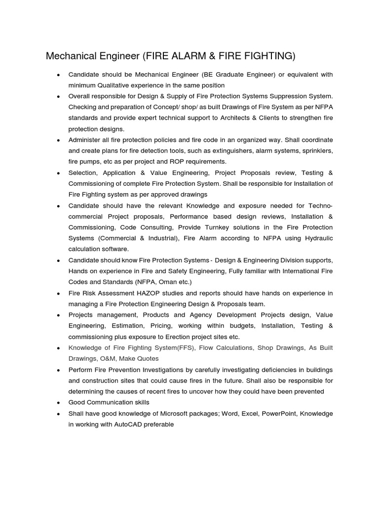 Mechanical Engineer (FIRE ALARM & FIRE FIGHTING) | PDF | Firefighting ...