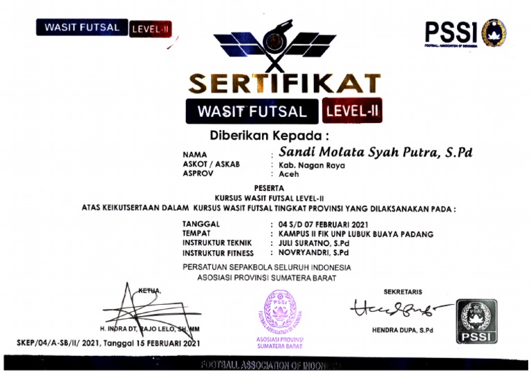 Sertifikat Wasit Futsal Level-II | PDF